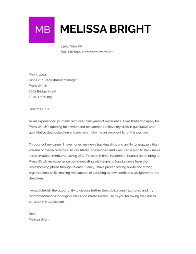 Best Journalism Cover Letter Example for 2022