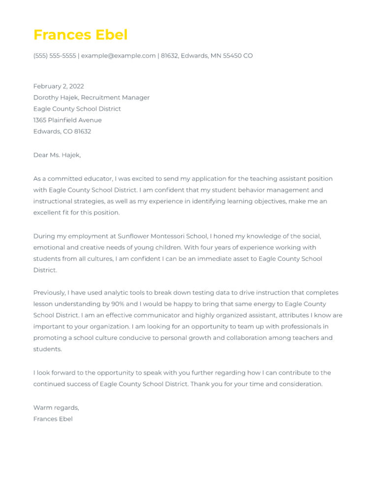 Best Teaching Assistant Cover Letter Example for 2022