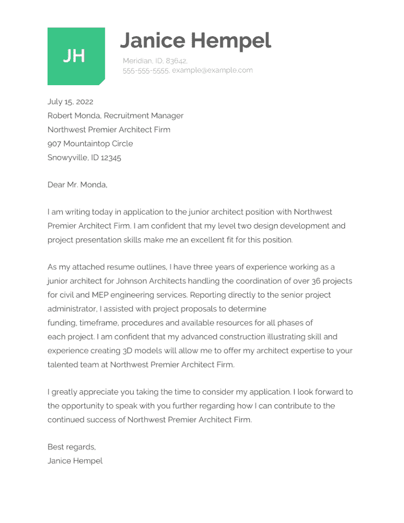 Best Architecture Cover Letter Example | ResumeNerd