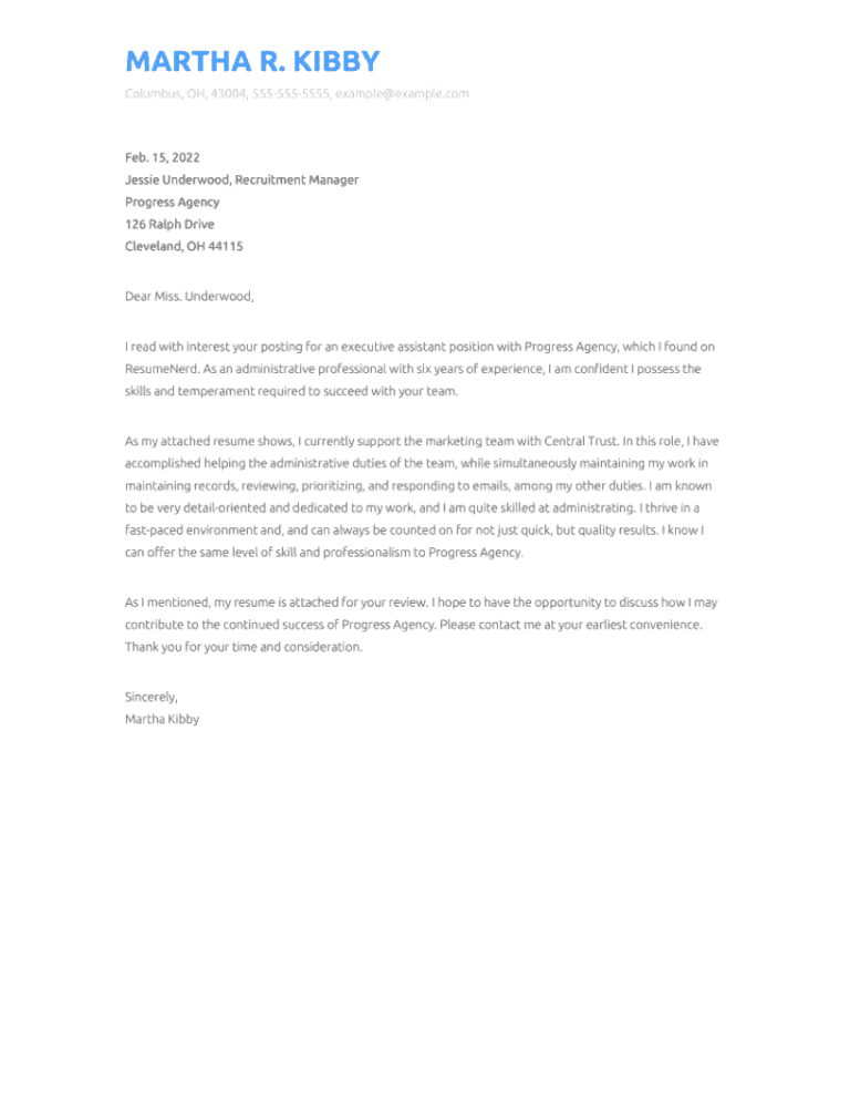 Best Executive Assistant Cover Letter Examples | ResumeNerd