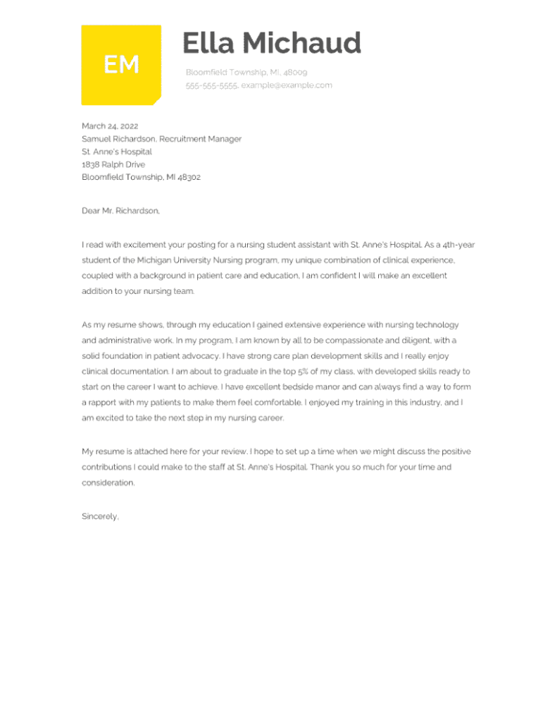 Best Nursing Student Cover Letter Examples | ResumeNerd